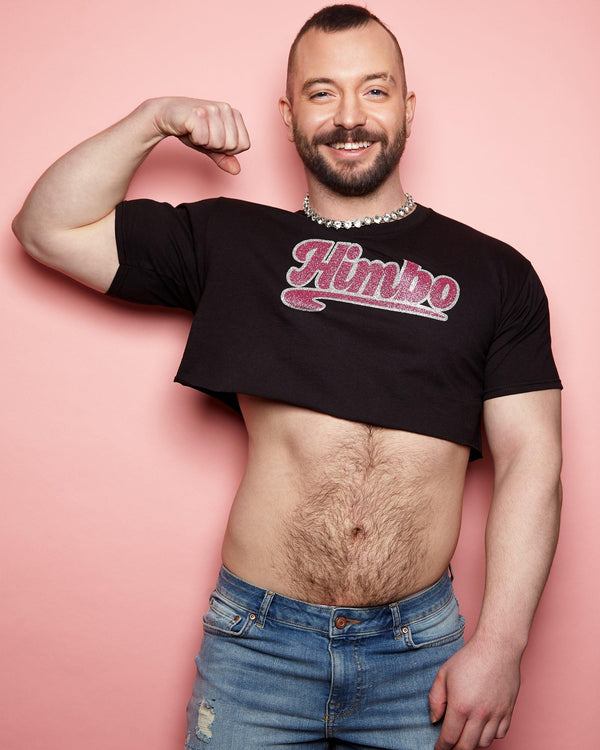 Himbo, pink/silver glitter on black - mens crop top.